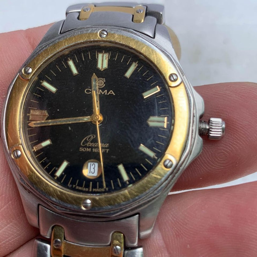 Cyma Oceana 18K GP Black Luminous Dial Swiss Quartz Men's Watch from 1 ...